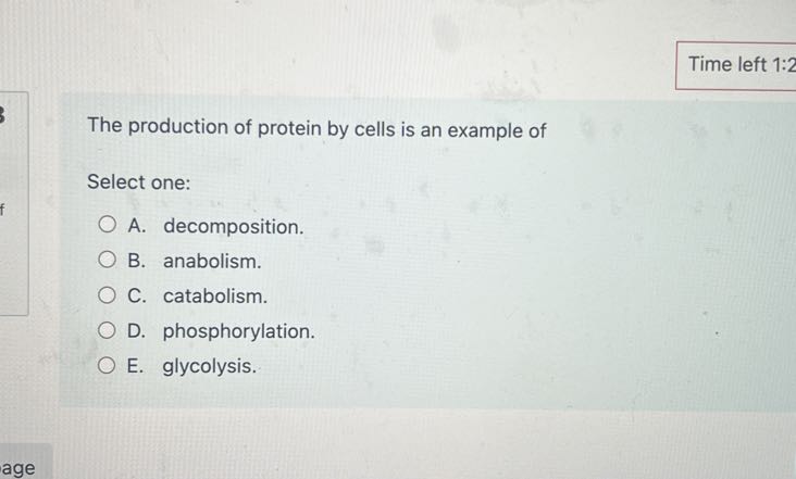 Time left 1:2 The production of protein by cells is an example of ...