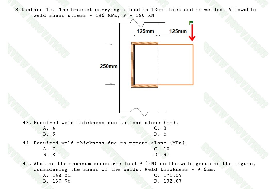 Situation 15. The bracket carrying a load is 12 mm thick and is welded. Allowable weld shear ...