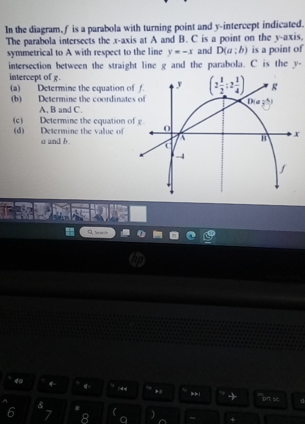 In the diagram, f is a parabola with turning point and y-intercept ...