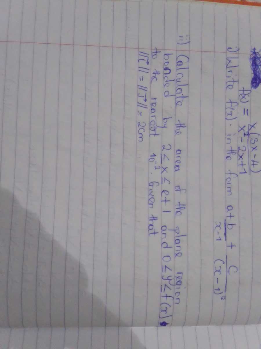f(x)=(x(3 x-4))/(x^2-2 x+1) Write f(x) in the form a+(b)/(x-1)+(c)/((x ...