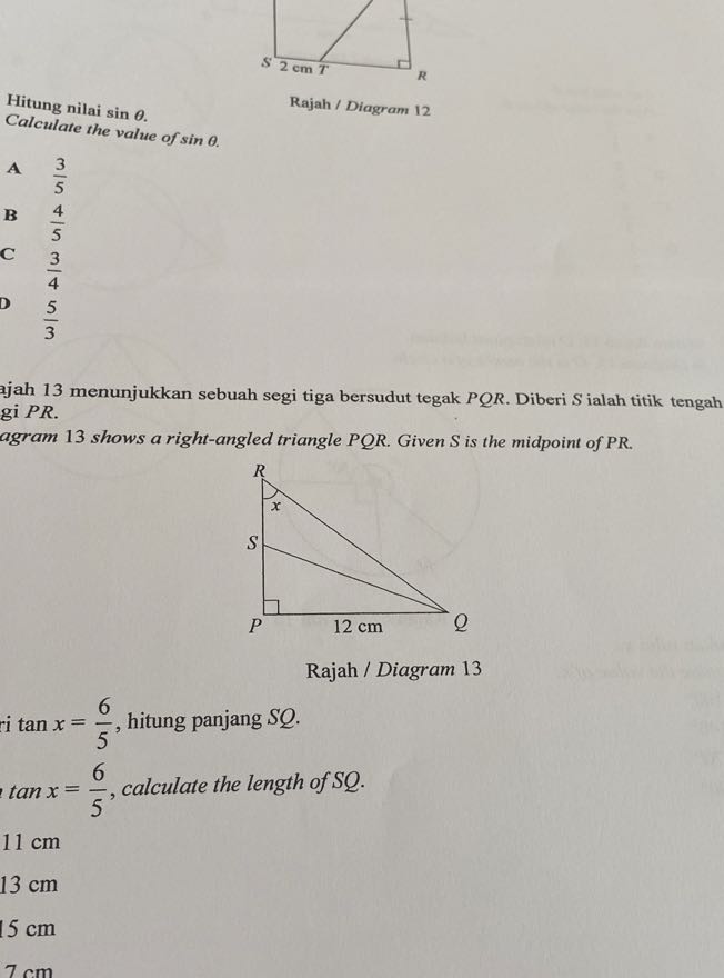 hitung nilai sin theta calculate the value of sin theta rajah diagram ...