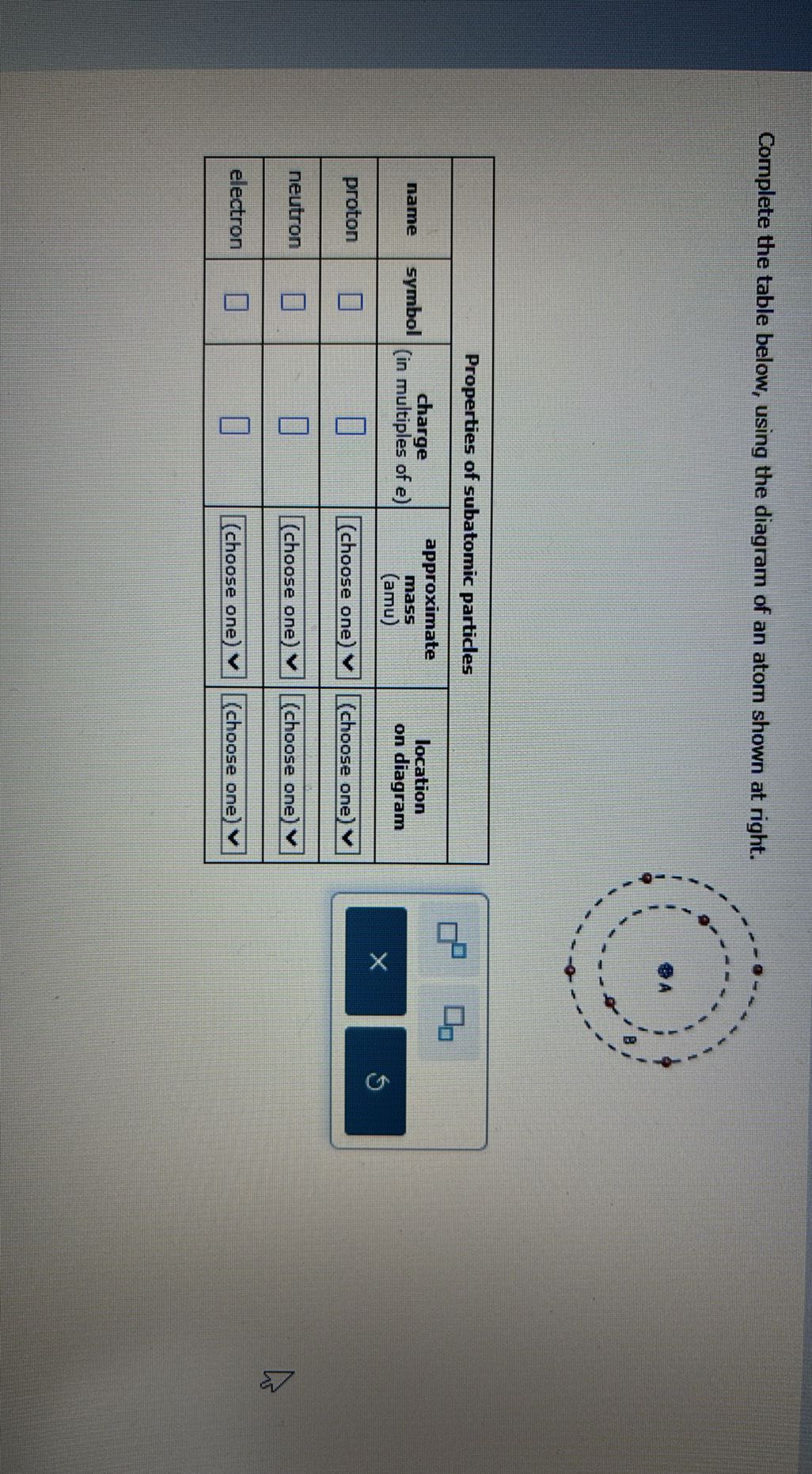 Complete the table below, using the diagram of an atom shown at right ...