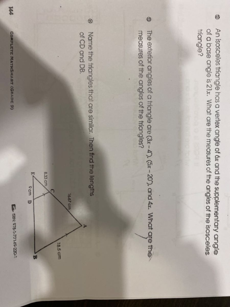 An isosceles triangle has a vertex angle of 6 x and the supplementary ...