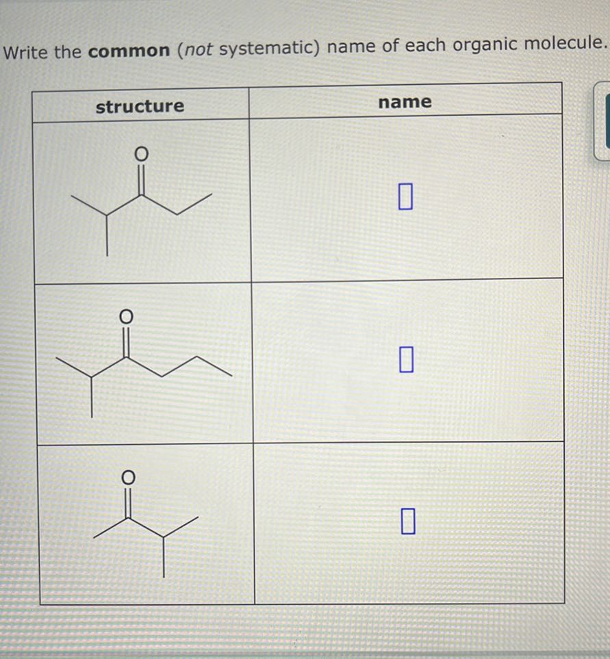 Write the common (not systematic) name of each organic molecule ...