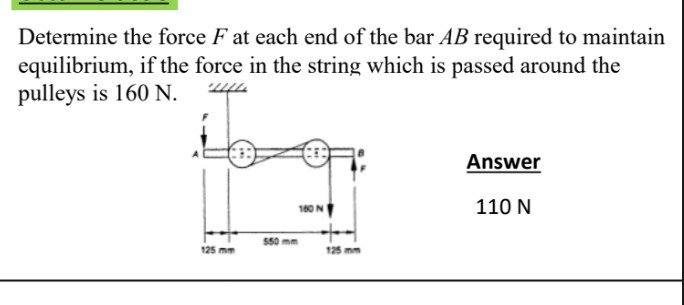 Determine the force F at each end of the bar A B required to maintain ...