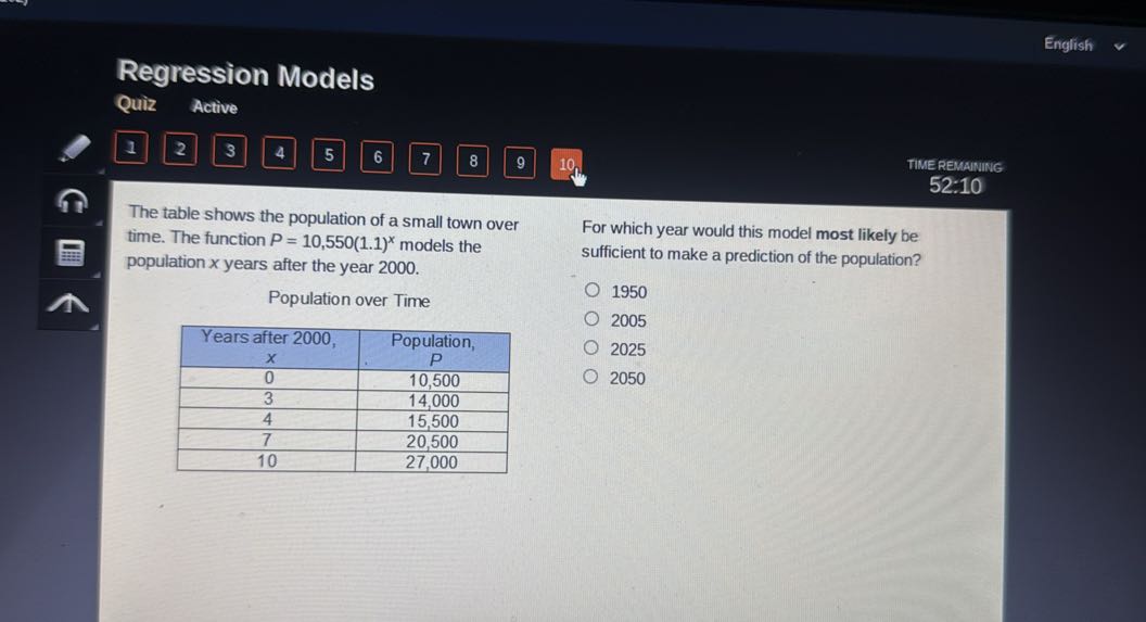 English Regression Models Quiz Active 1 2 3 4 5 6 7 8 9 10 TIME ...