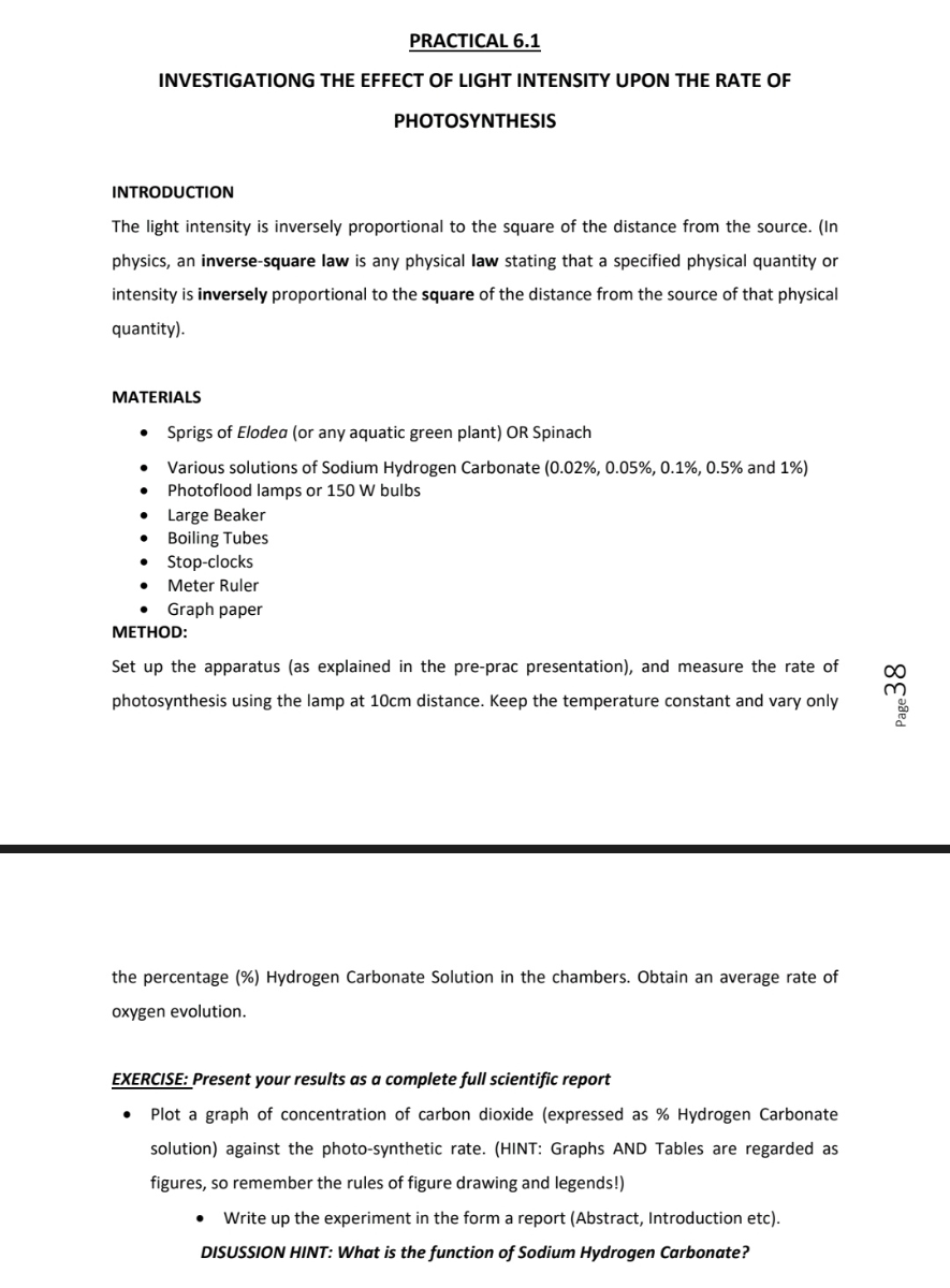 SOLVED: PRACTICAL 6.1 INVESTIGATIONG THE EFFECT OF LIGHT INTENSITY UPON ...