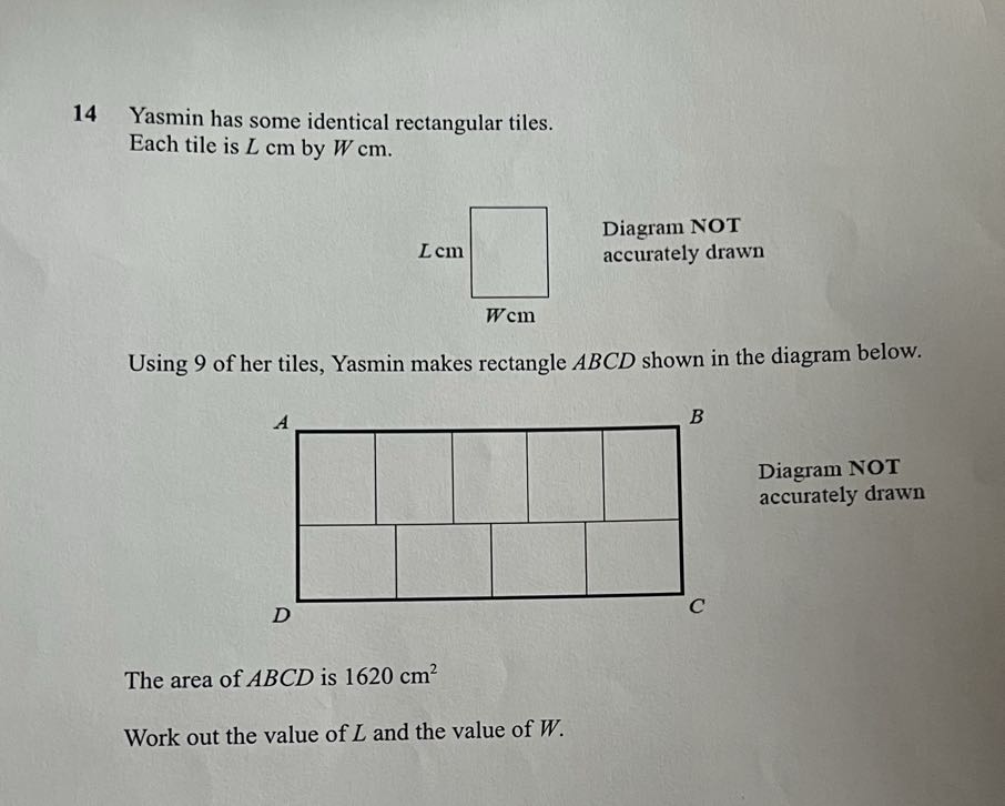 14 Yasmin has some identical rectangular tiles. Each tile is L cm by W ...