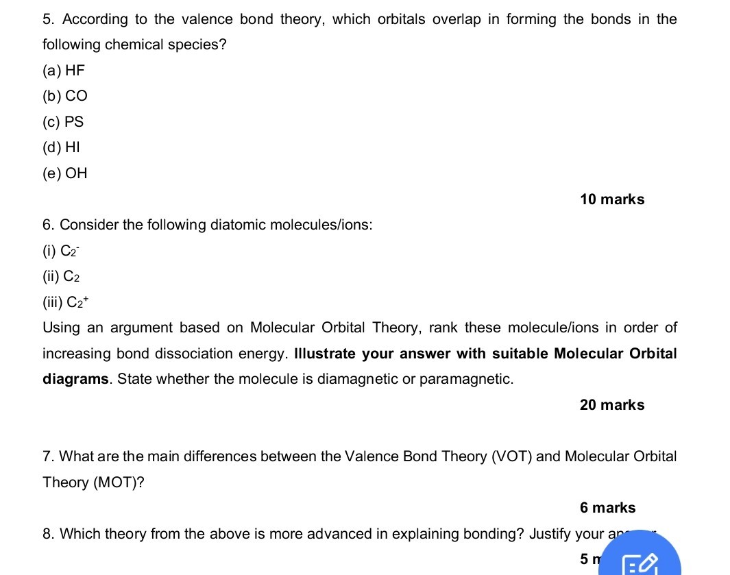 5. According to the valence bond theory, which orbitals overlap in ...