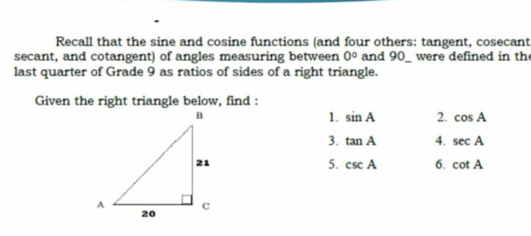 recall that the sine and cosine functions and four others tangent ...