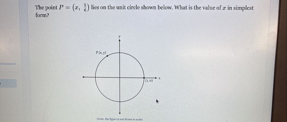 The point P=(x, (5)/(6)) lies on the unit circle shown below. What is the value of x in simplest ...