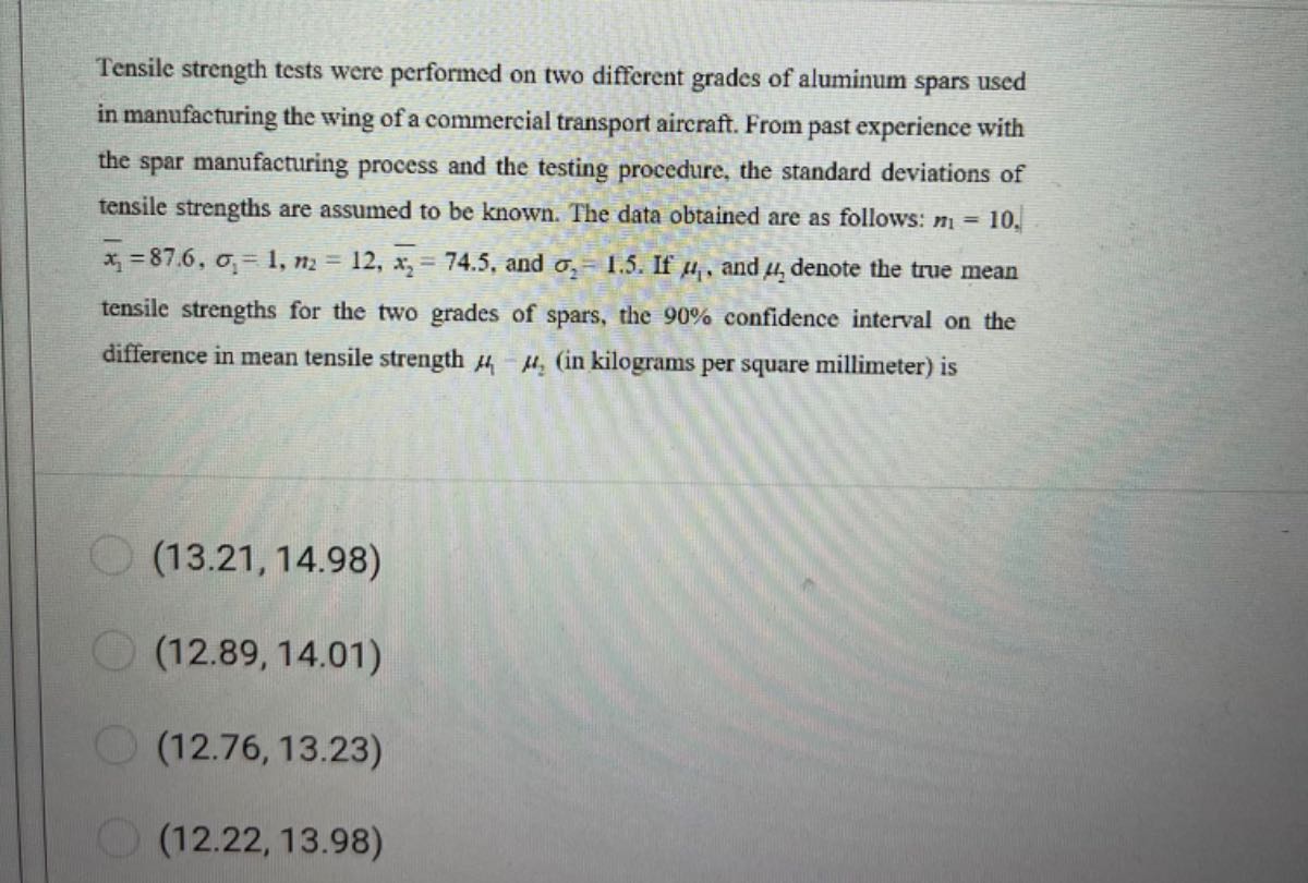 Tensile strength tests were performed on two different grades of ...