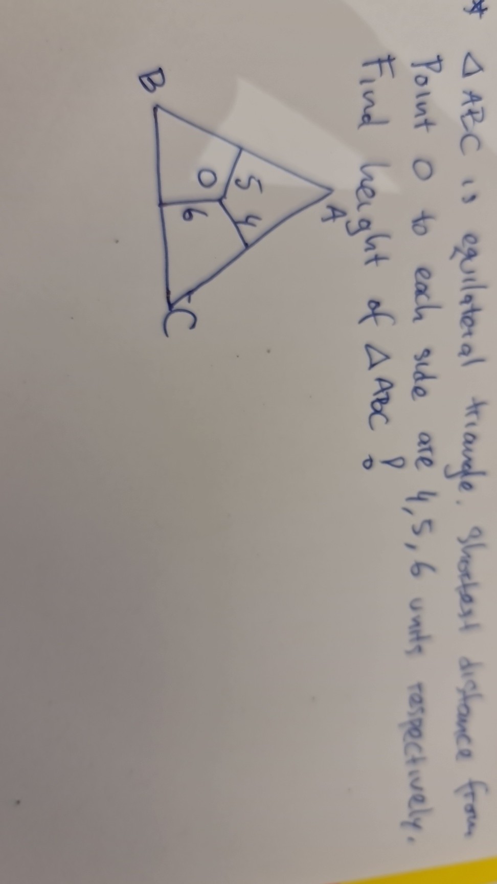 # A B C is equilateral triangle. Shotert distance from Point O to each ...