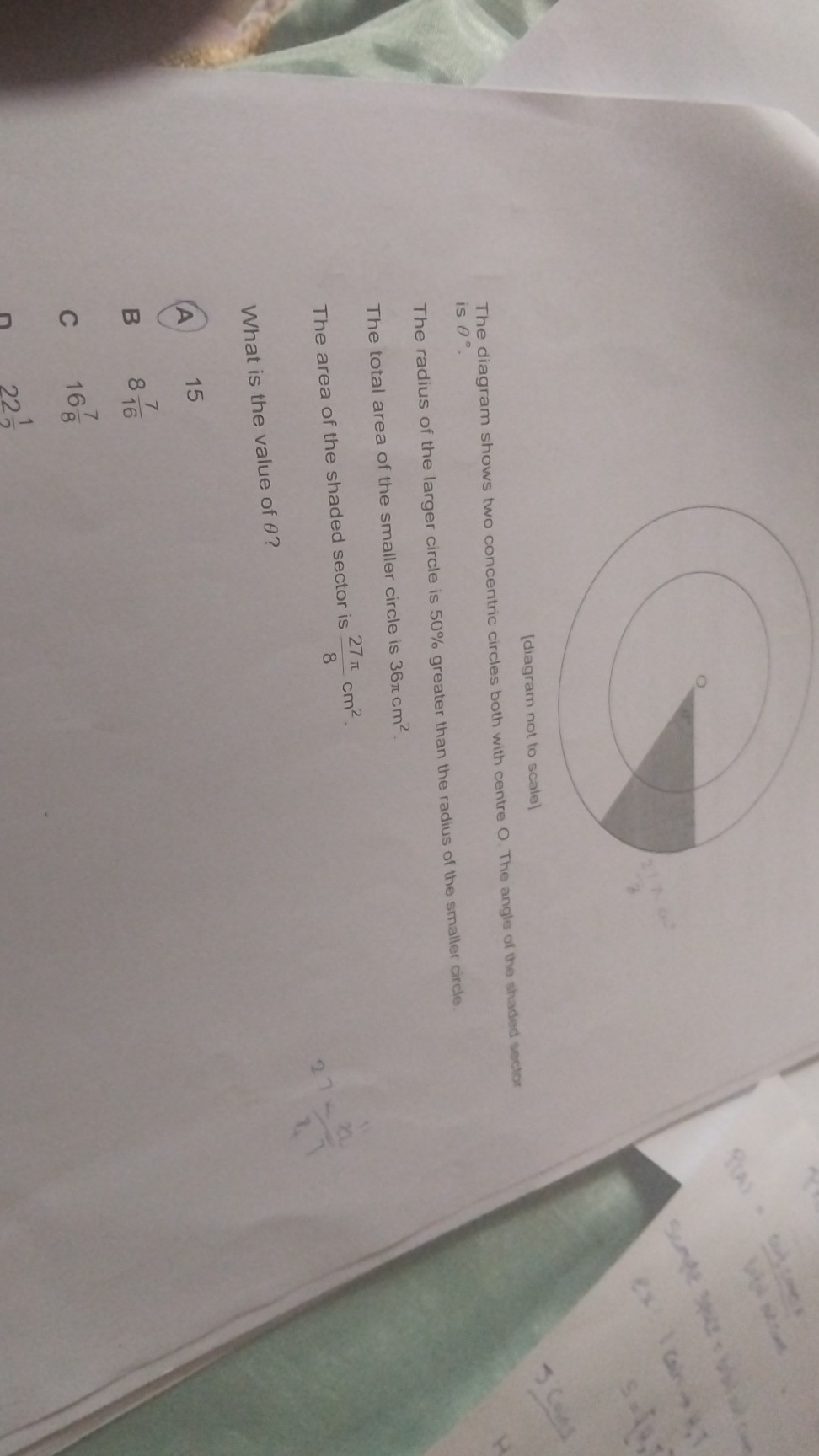 [diagram not to scale] The diagram shows two concentric circles both with centre O The angle of ...