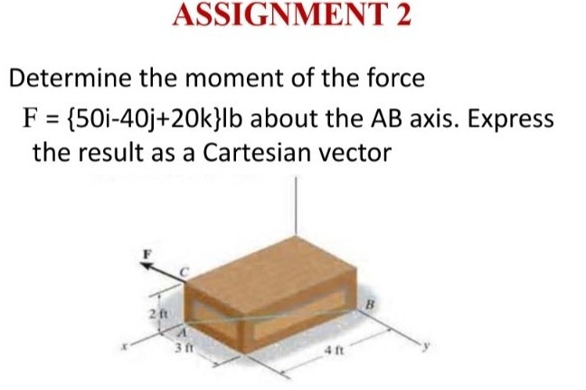 ASSIGNMENT 2 Determine the moment of the force F={50 i-40 j+20 k}lb ...