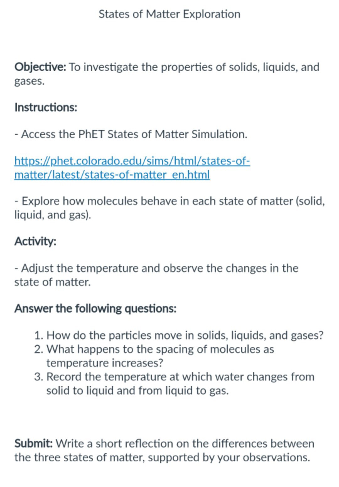 states of matter exploration objective to investigate the properties of ...
