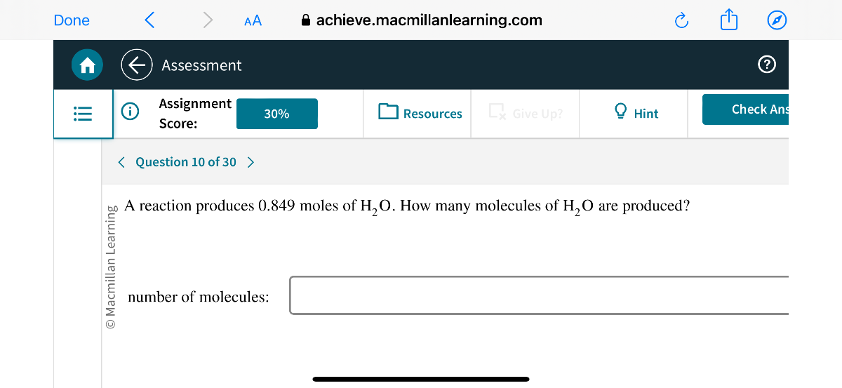 Done AA a achieve.macmillanlearning.com Assessment Assignment 30 % Resources Hint Check Ans ...