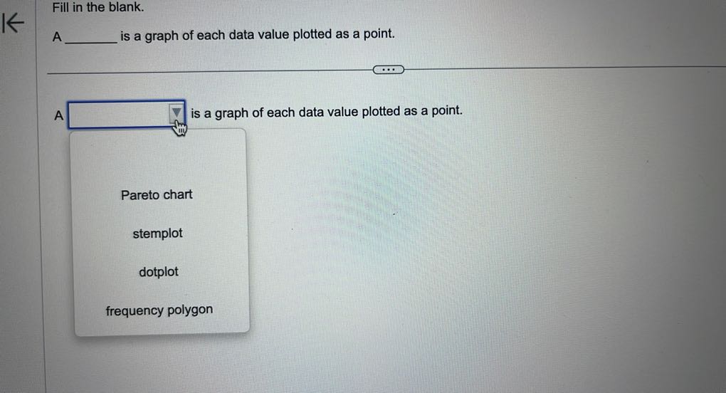 Fill in the blank. A is a graph of each data value plotted as a point. A is a graph of each data ...