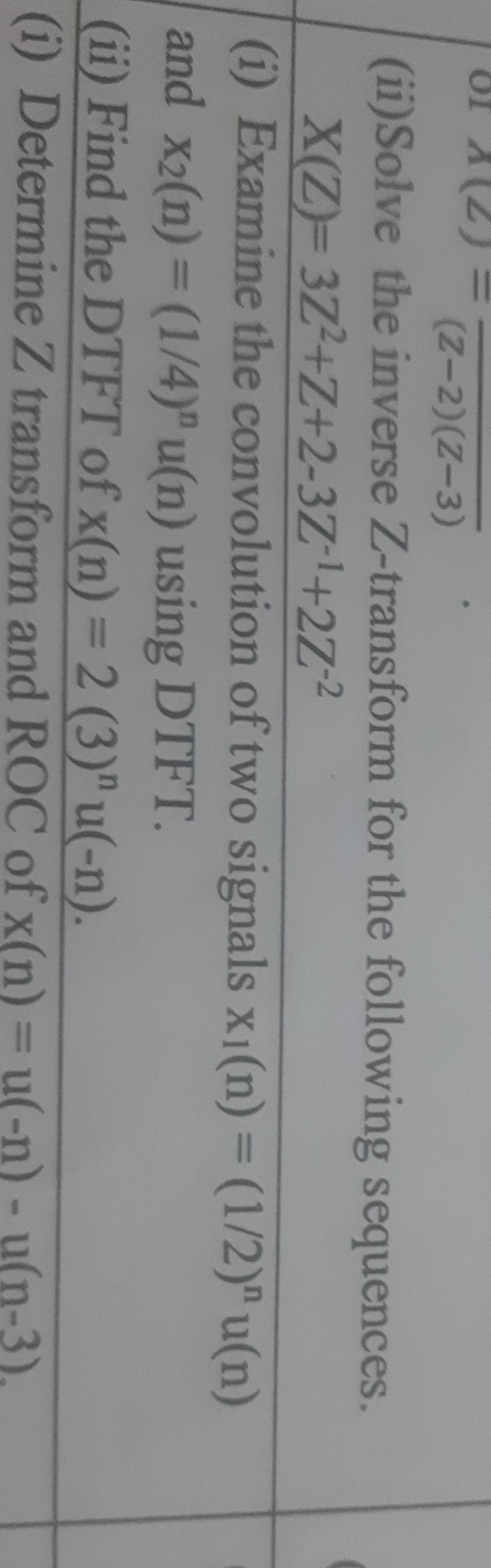 (ii)Solve the inverse Z-transform for the following sequences. X(Z)=3 Z^2+Z+2-3 Z^-1+2 Z^-2 (i ...