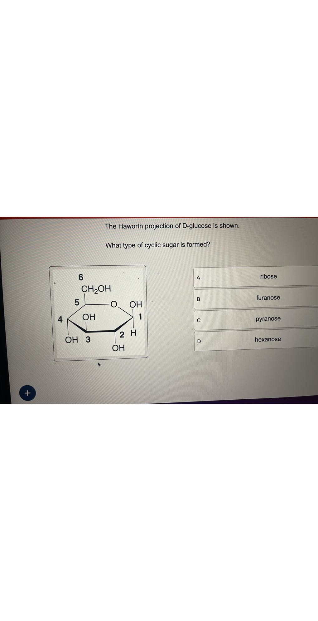 The Haworth projection of D-glucose is shown. What type of cyclic sugar ...