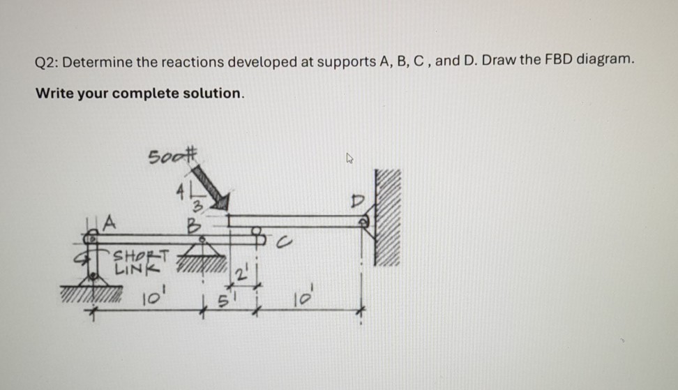 Q2: Determine the reactions developed at supports A, B, C, and D. Draw the FBD diagram. Write ...