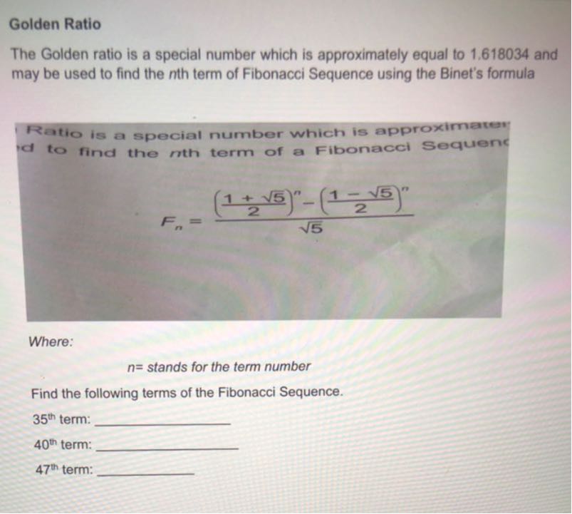 Golden Ratio The Golden ratio is a special number which is ...