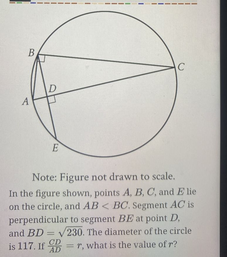Note: Figure not drawn to scale. In the figure shown, points A, B, C, and E lie on the circle ...