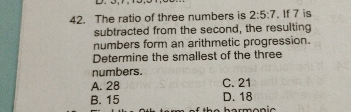 42 the ratio of three numbers is 2 5 7 if 7 is subtracted from the ...