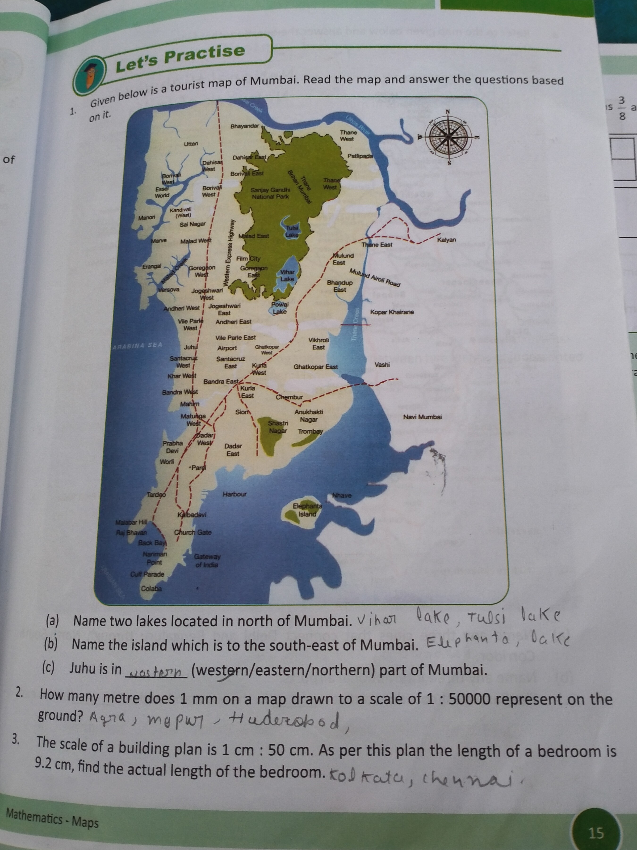 Let's Practise 1. Given below is a tourist map of Mumbai. Read the map and answer the questions ...