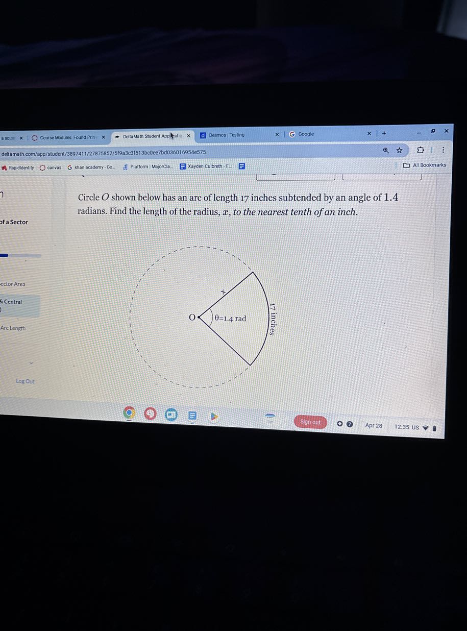 Circle O shown below has an arc of length 17 inches subtended by an ...