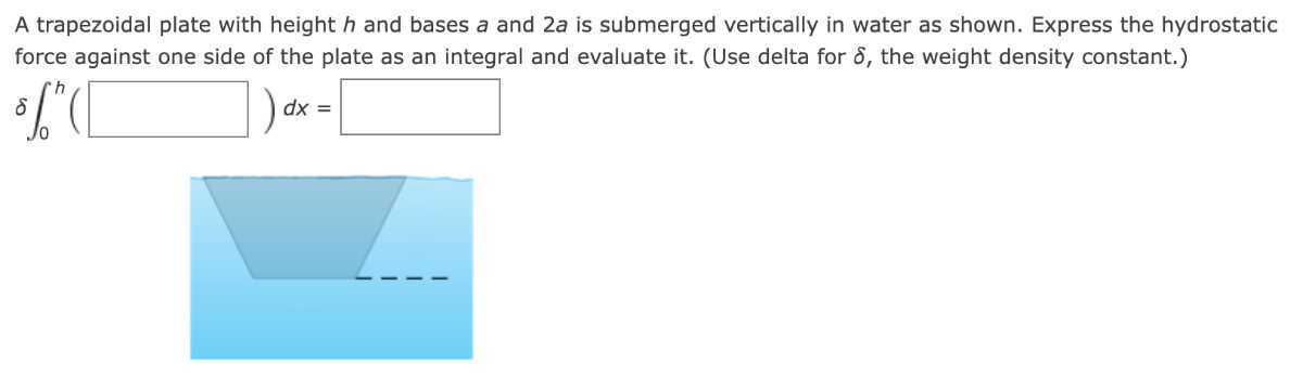 A trapezoidal plate with height h and bases a and 2 a is submerged ...