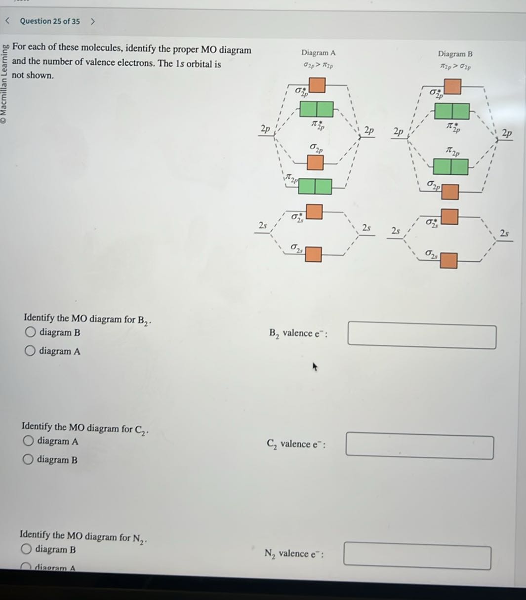 Question 25 of 35 For each of these molecules, identify the proper MO ...
