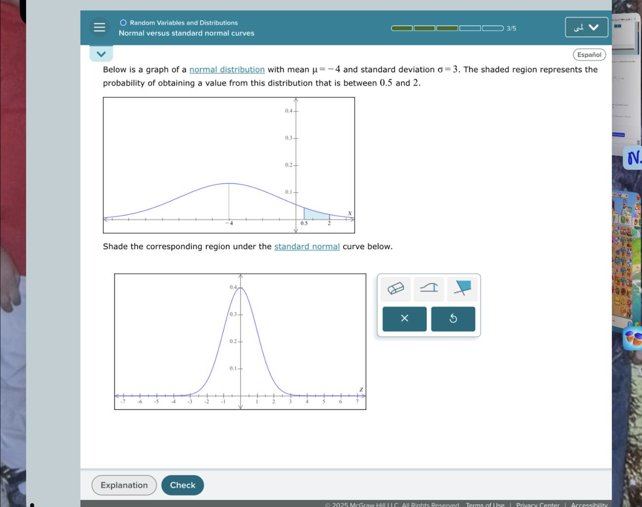 Español Below is a graph of a normal distribution with mean μ=-4 and ...