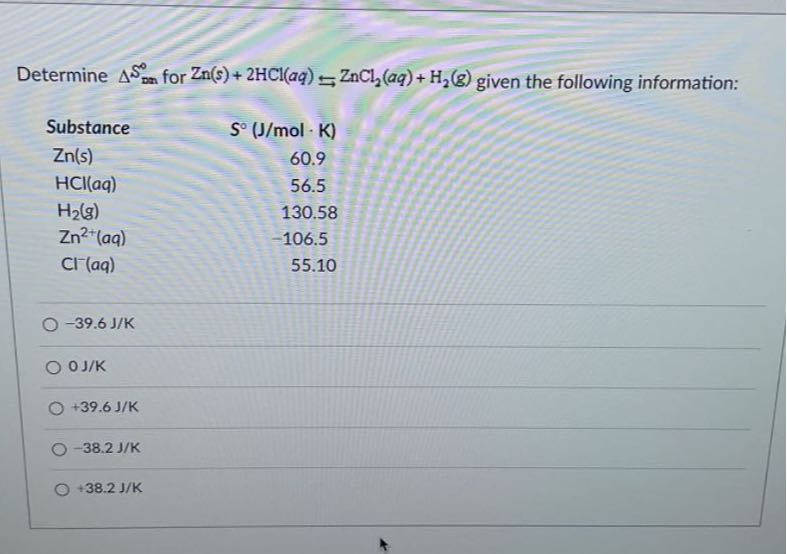 Determine Δ SDm^ρ for Zn(s)+2 HCl(a q) ⇋ZnCl2(a q)+H2( g) given the following information ...