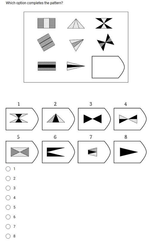 Which option completes the pattern? 1 2 3 4 5 6 7 8
