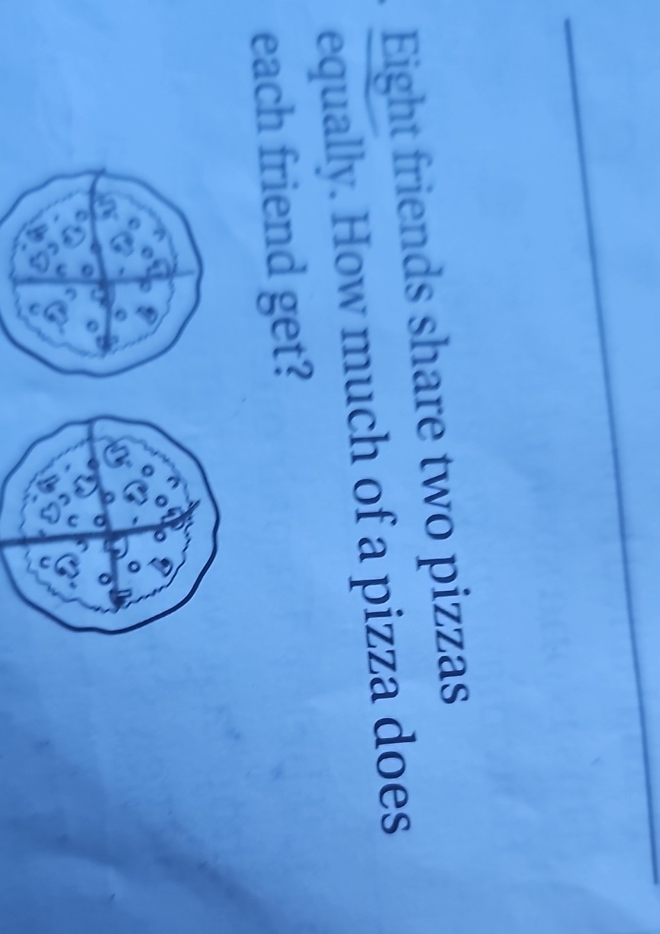 Eight friends share two pizzas equally. How much of a pizza does each ...