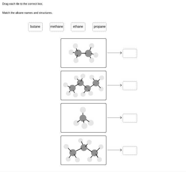 Drag each tile to the correct box. Match the alkane names and structures. butane methane ethane ...