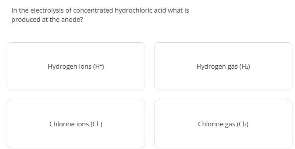 In the electrolysis of concentrated hydrochloric acid what is produced at the anode? Hydrogen ...