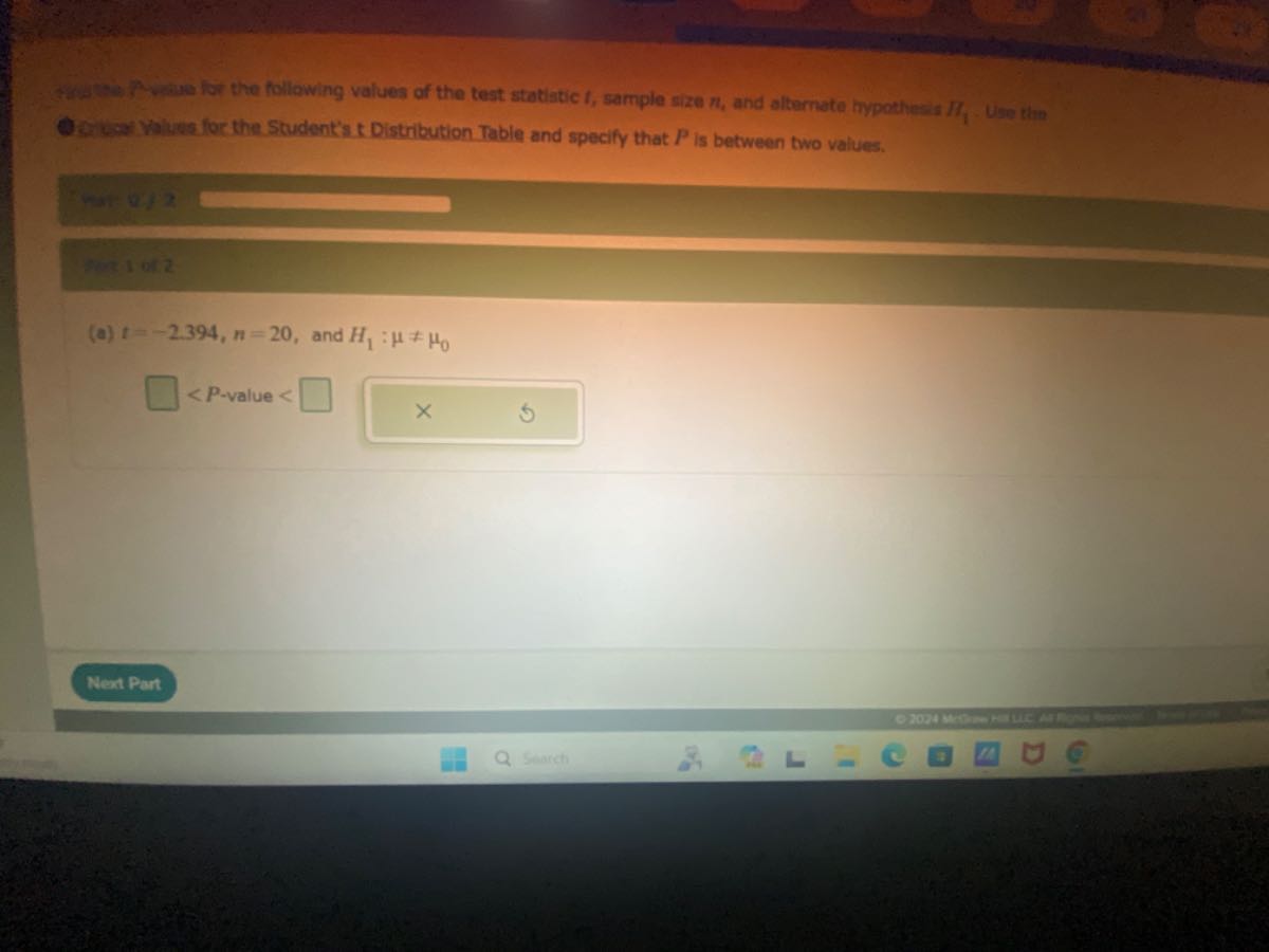 Scrcor Whizes for the Student's t Distribution Table and specify that P is between two values ...
