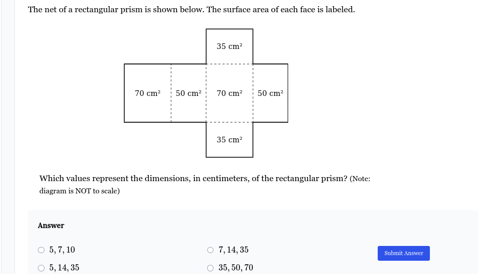 The net of a rectangular prism is shown below. The surface area of each ...