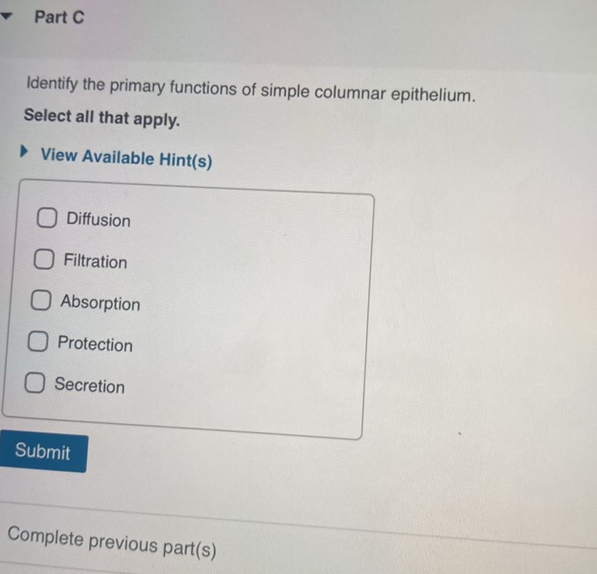 Part C Identify the primary functions of simple columnar epithelium. Select all that apply. View ...