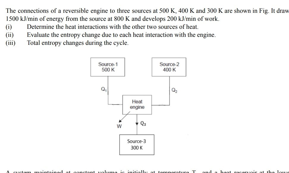 The connections of a reversible engine to three sources at 500 K, 400 K ...