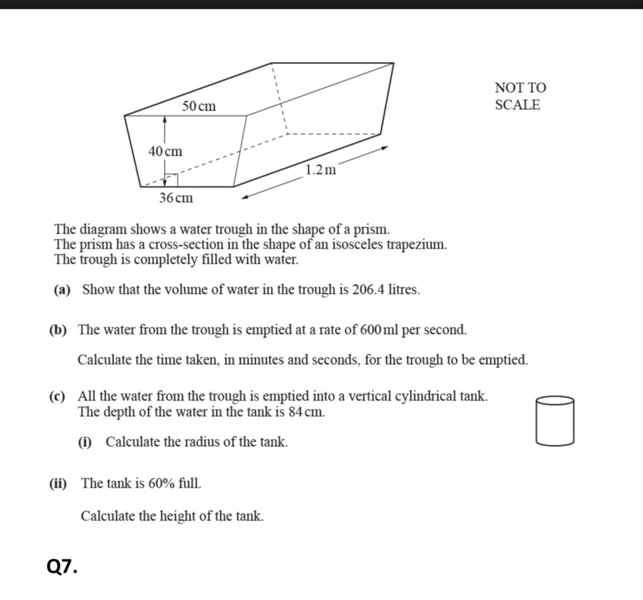 NOT TO SCALE The diagram shows a water trough in the shape of a prism ...