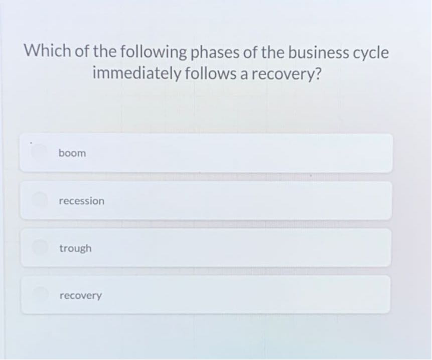 Which of the following phases of the business cycle immediately follows ...