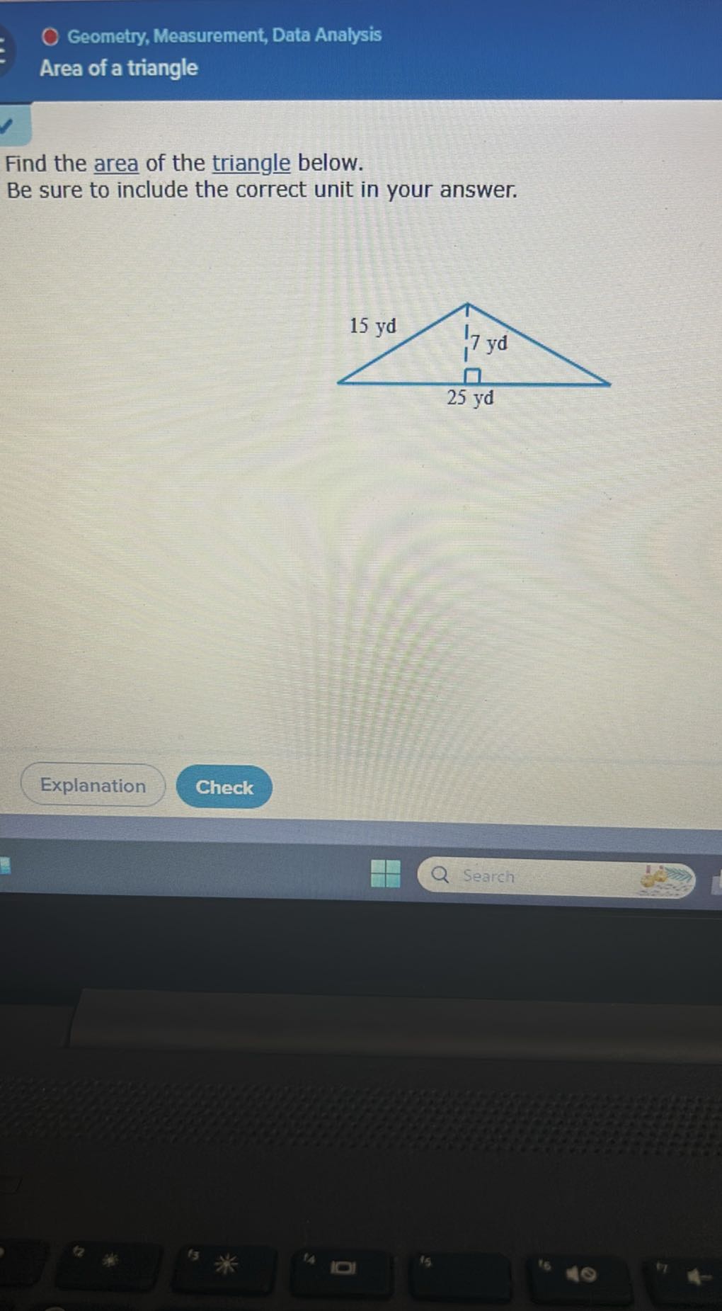 Geometry, Measurement, Data Analysis Area of a triangle Find the area ...