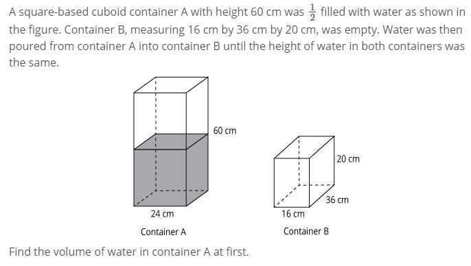 A square-based cuboid container A with height 60 cm was (1)/(2) filled with water as shown in ...