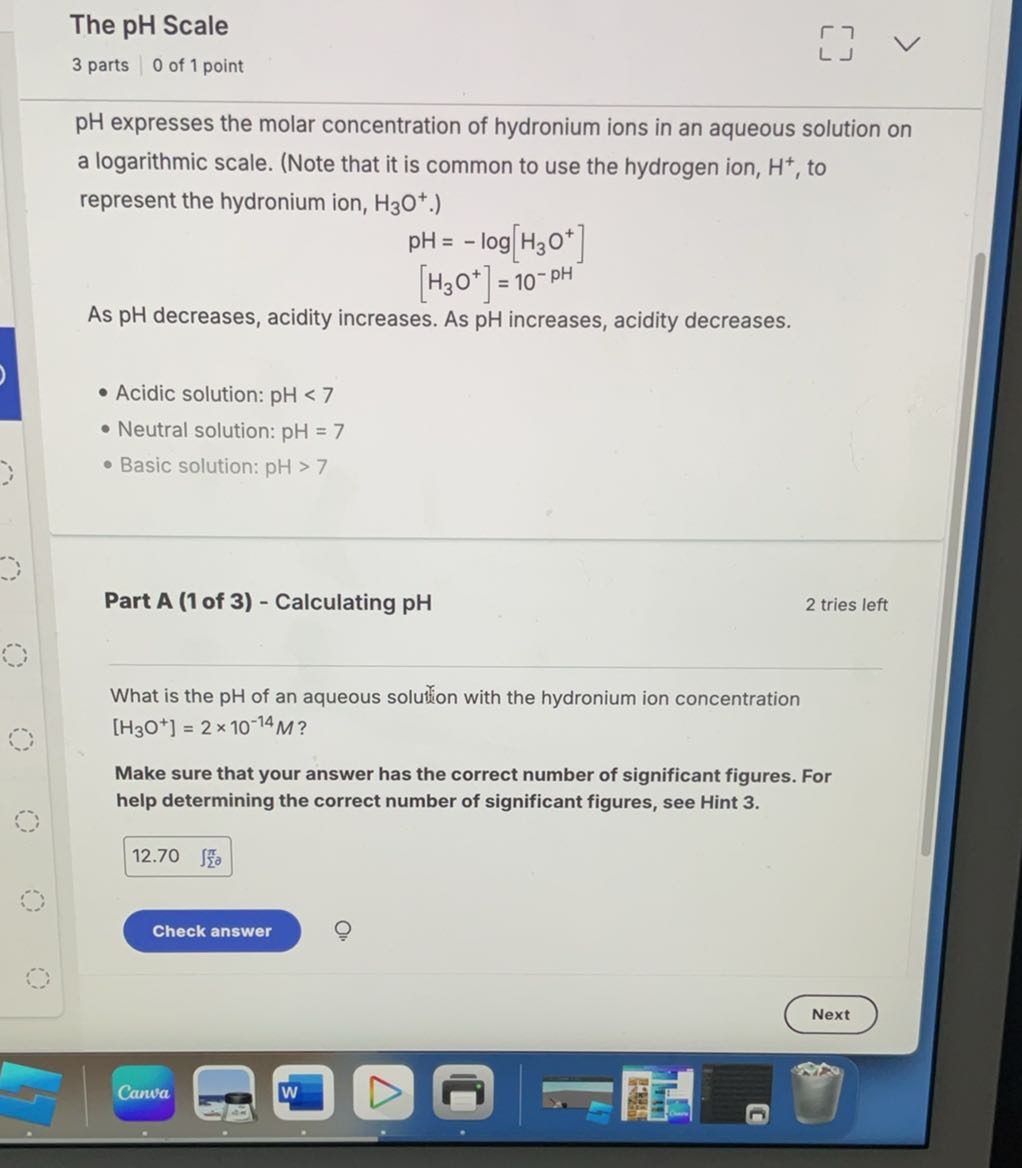 The pH Scale r 7 3 parts 0 of 1 point pH expresses the molar ...