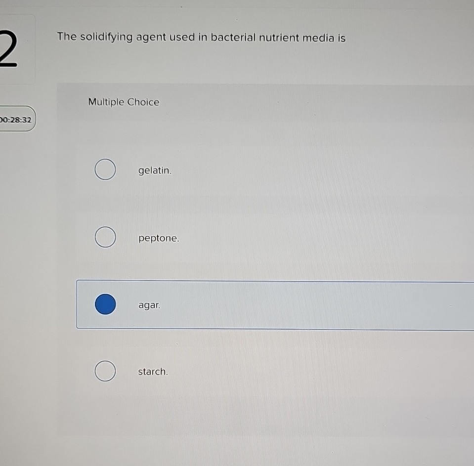 The solidifying agent used in bacterial nutrient media is Multiple Choice gelatin. peptone. agar ...