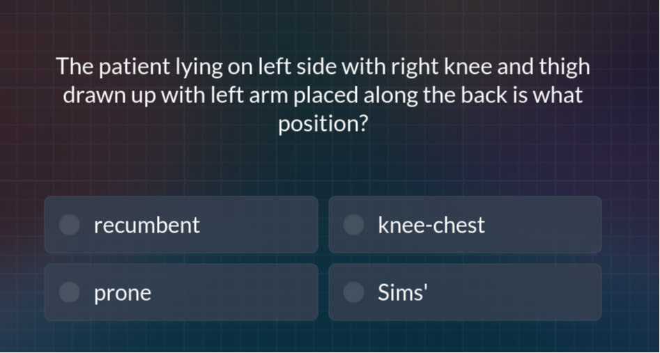 The patient lying on left side with right knee and thigh drawn up with ...