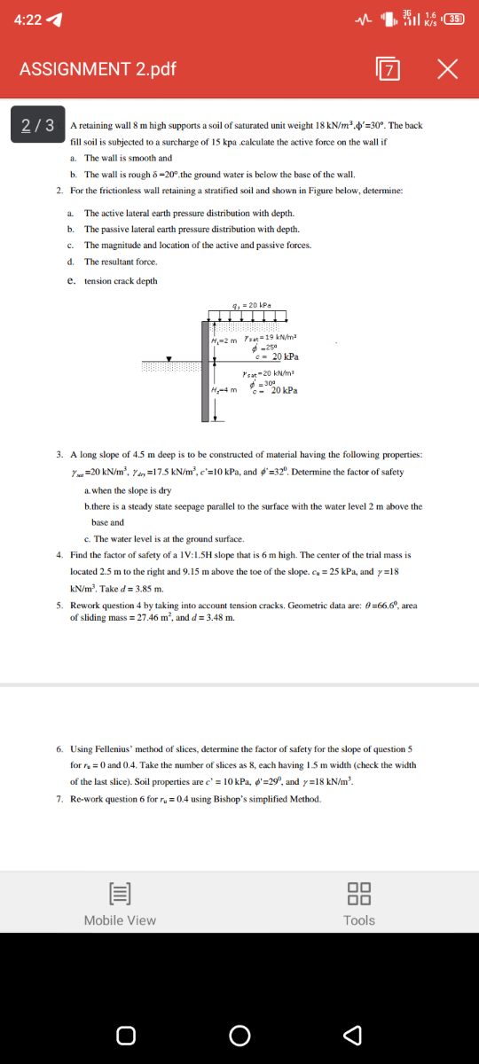 4:22 35 ASSIGNMENT 2.pdf 7 2 / 3 A retaining wall 8 m high supports a ...